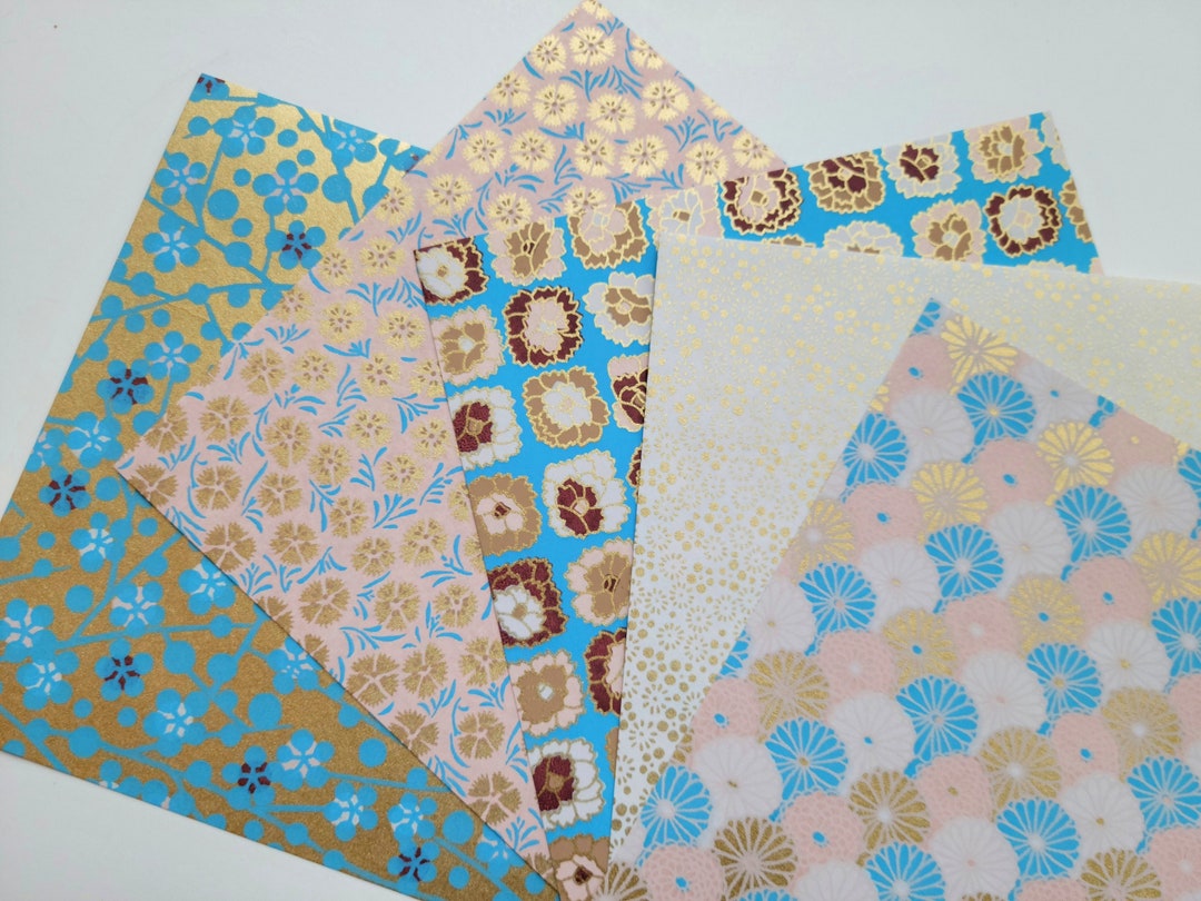 Blue Gold Pink Yuzen Washi Paper, 10 Sheets, Floral Designs, Japanese ...