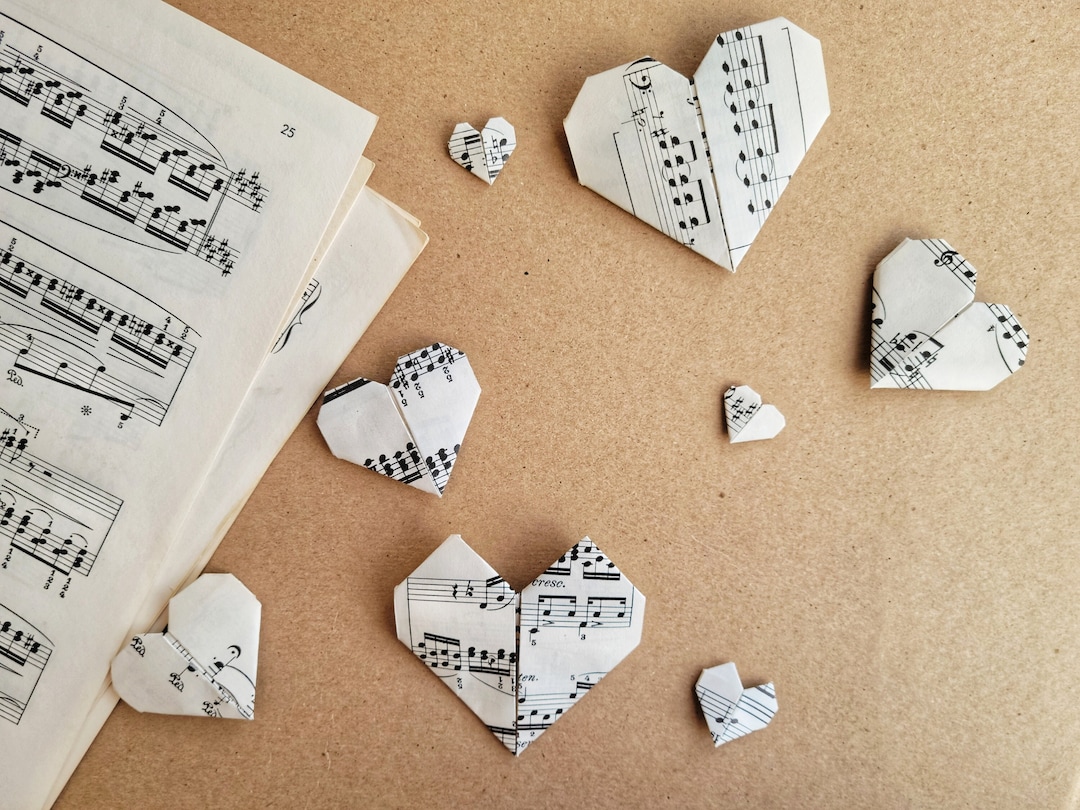 12 Origami Music Paper Hearts, Upcycled Vintage Sheet Music, Rustic ...