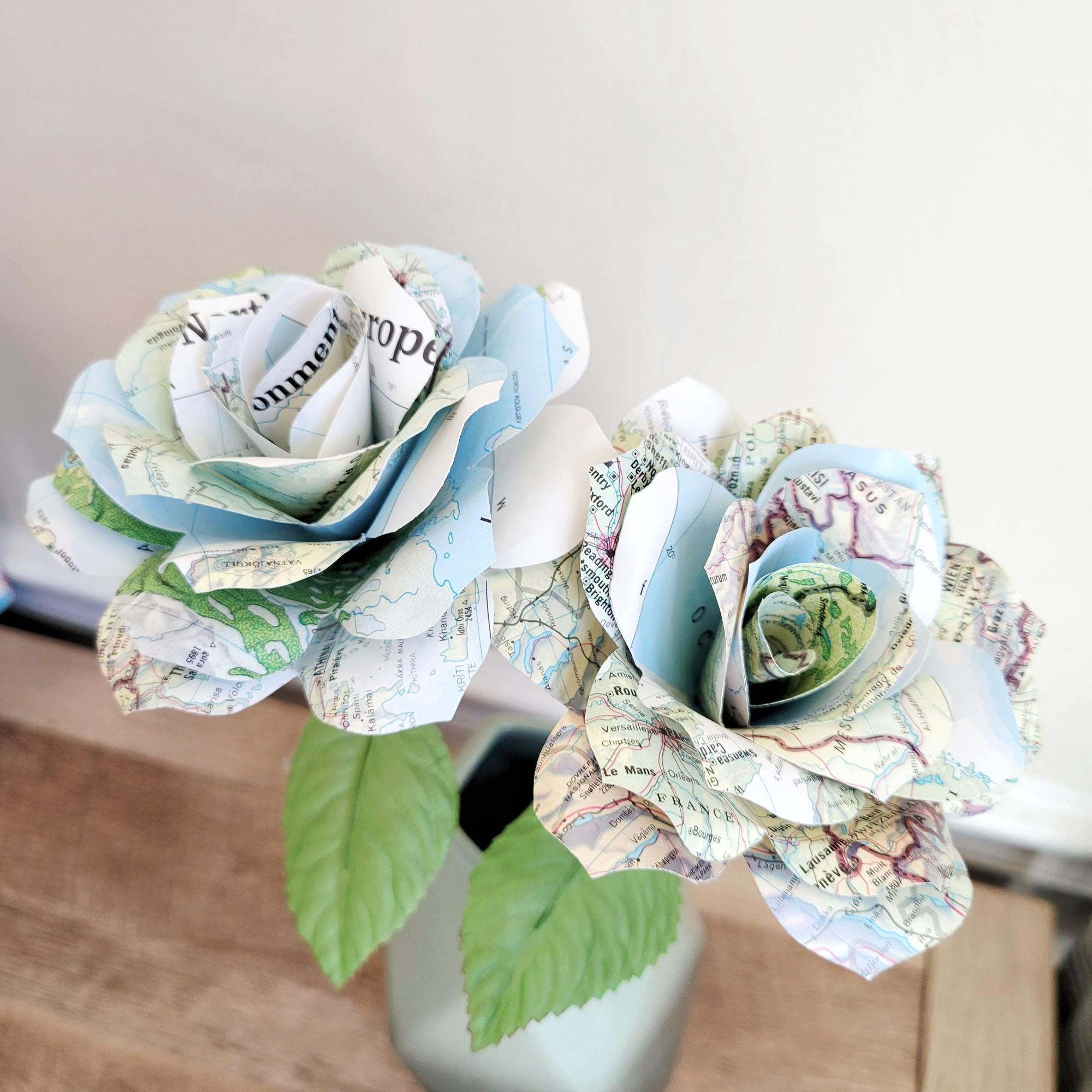 Large Vintage Map Roses With Leaves, World Atlas Paper Flowers ...