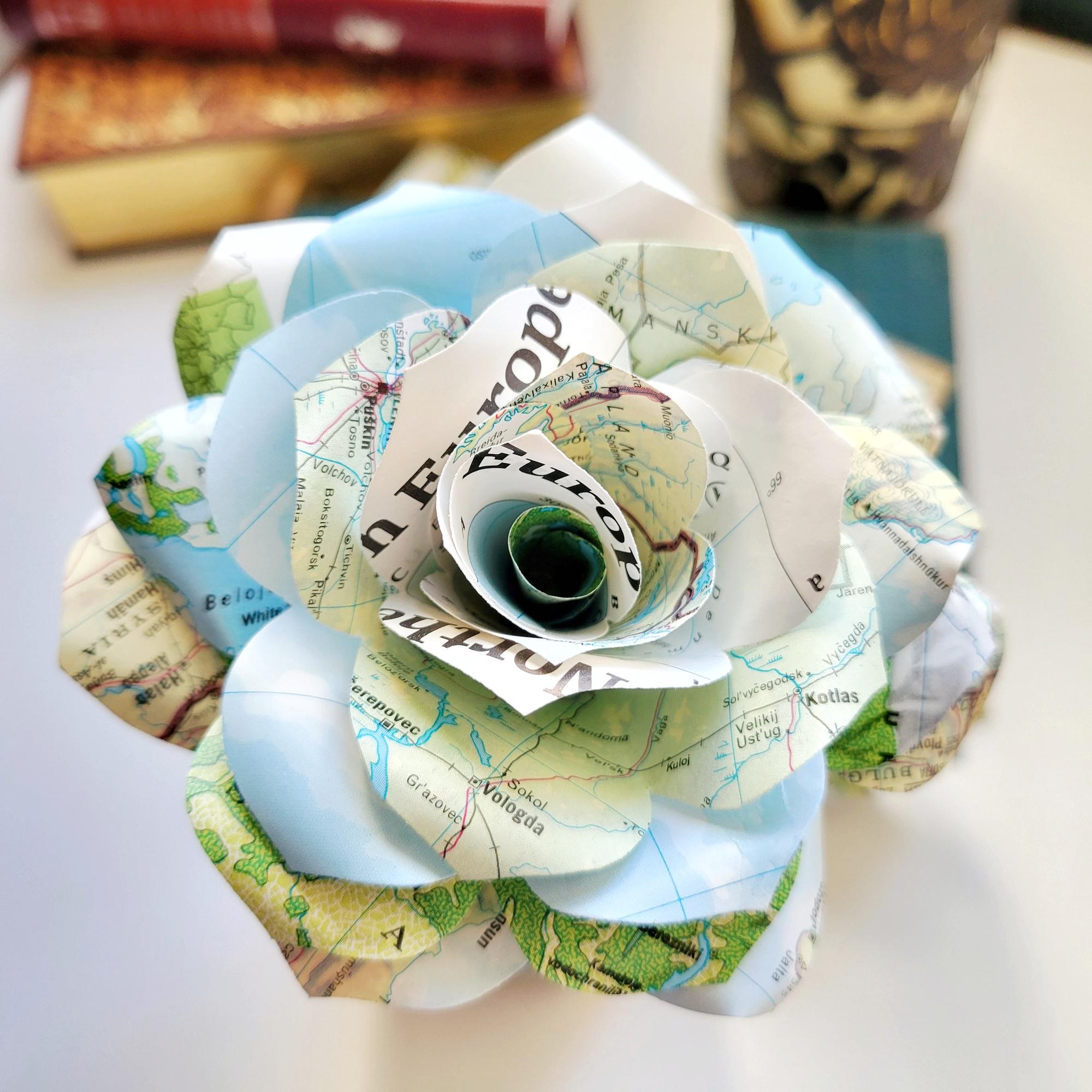 Large Vintage Map Roses With Leaves, World Atlas Paper Flowers ...