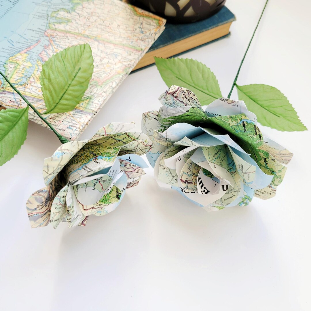 Large Vintage Map Roses With Leaves, World Atlas Paper Flowers ...