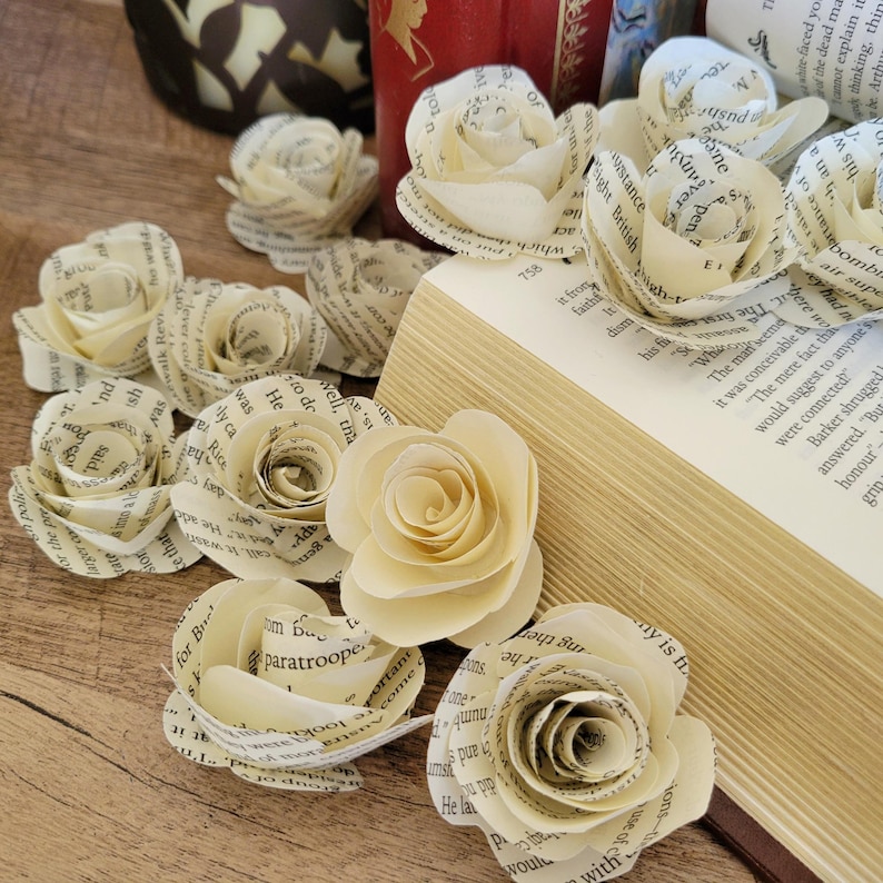 Book Page Mini Roses, 1.5", Handrolled Upcycled Vintage Paper Flpwers ...
