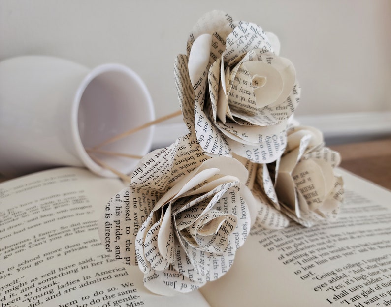 Book Page Roses With Stem Vintage Paper Flowers Literary - Etsy