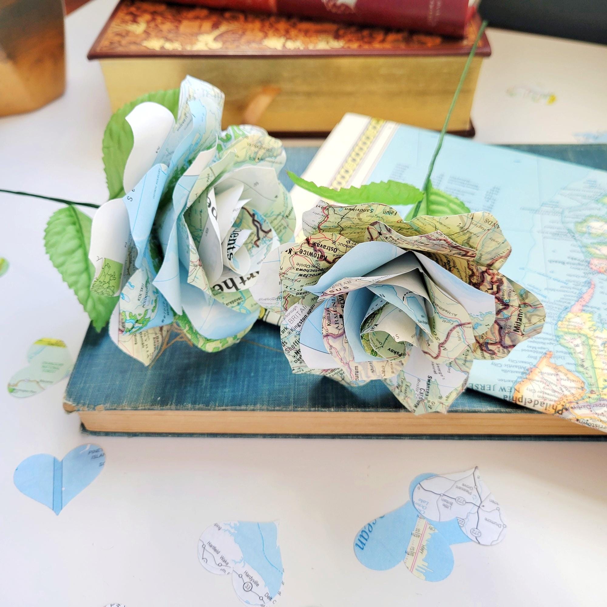 Large Vintage Map Roses With Leaves, World Atlas Paper Flowers ...