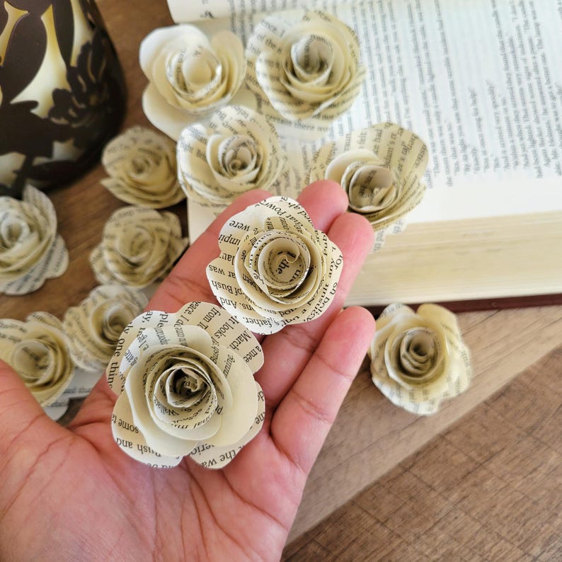 Book Page Mini Roses, 1.5", Handrolled Upcycled Vintage Paper Flpwers ...