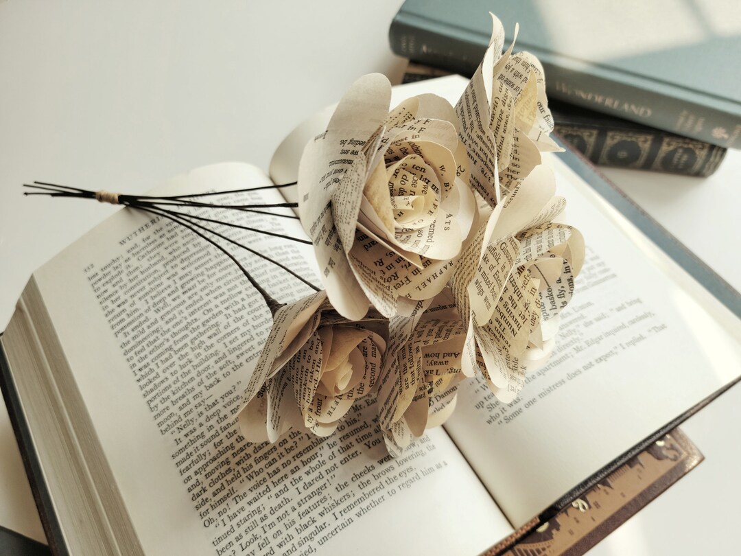 Book Page Roses With Stem, Vintage Paper Flowers, Literary Wedding ...