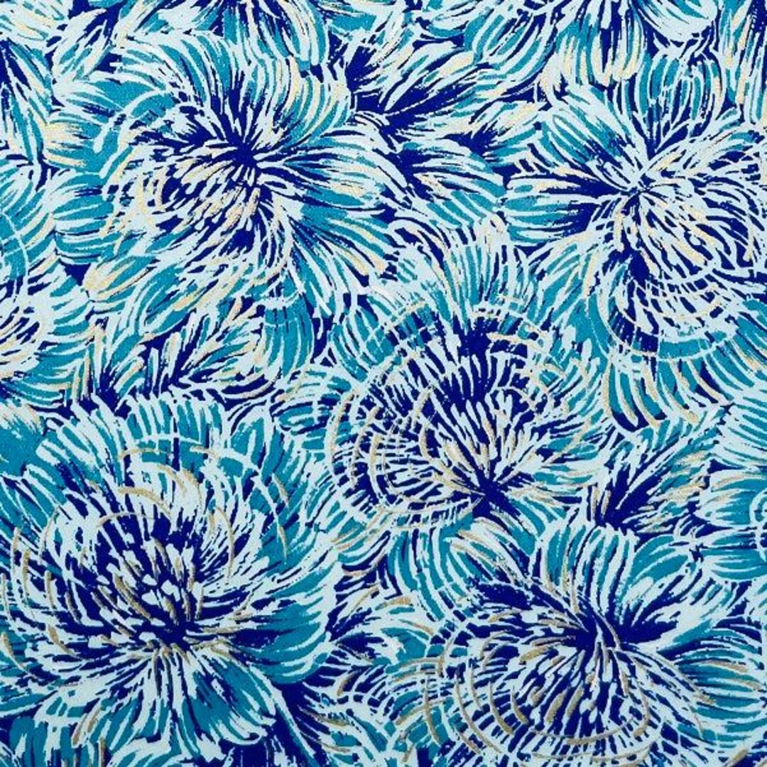 Large Yuzen Washi Paper, Blue Chrysanthemums Flower, Gold Accent ...