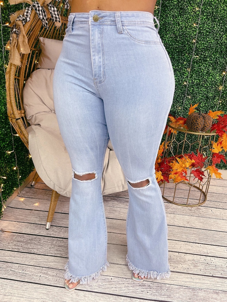 High Waist Bell Bottom Knee Rip Jeans - Etsy