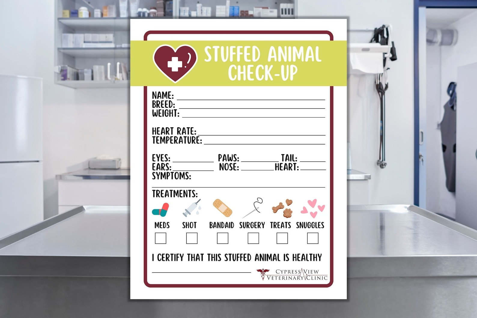Stuffed Animal Vet Clinic Form Veterinary Event Childrens Play Birthday ...