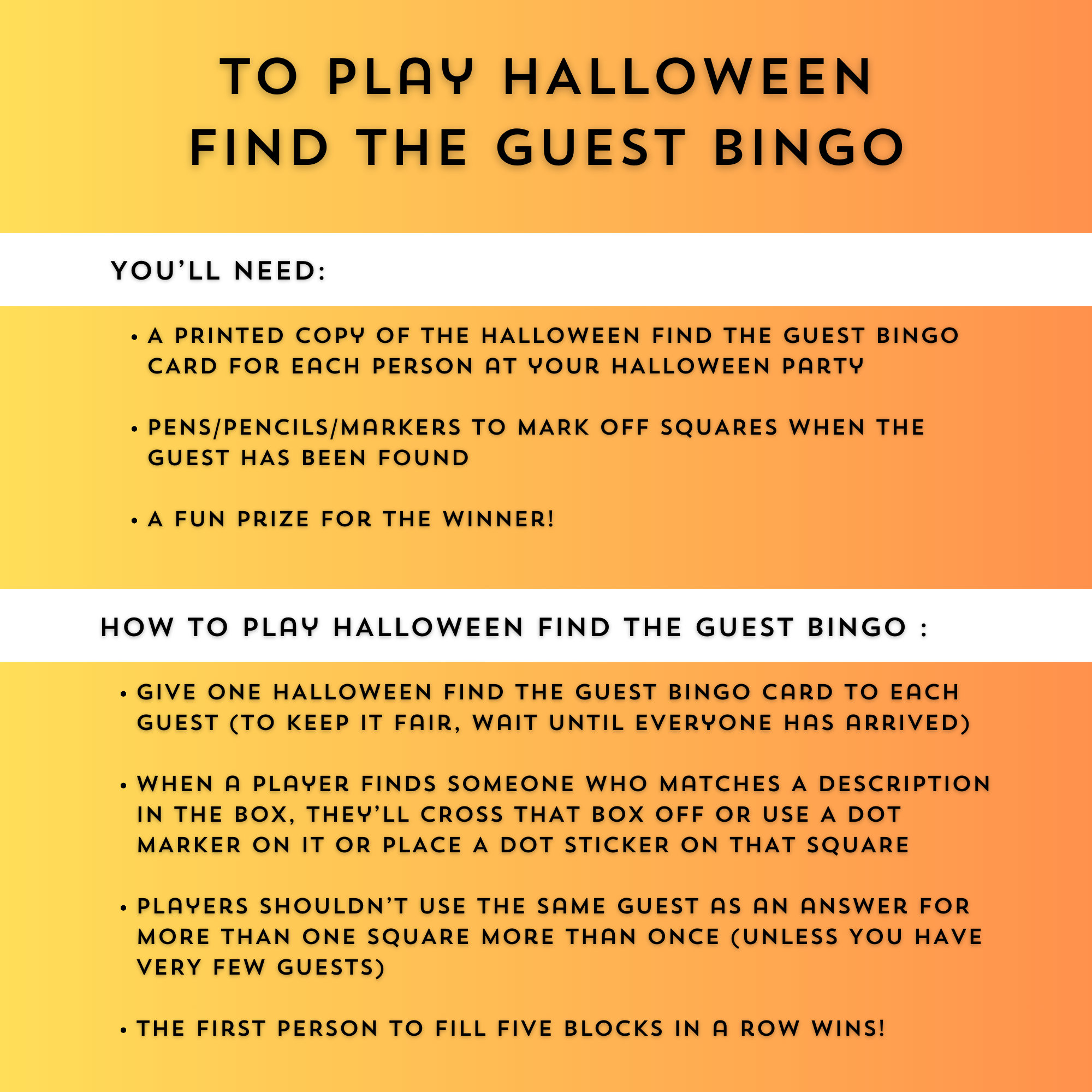 Halloween Bingo, Human Bingo, Mix and Mingle Bingo, Find the Guest ...