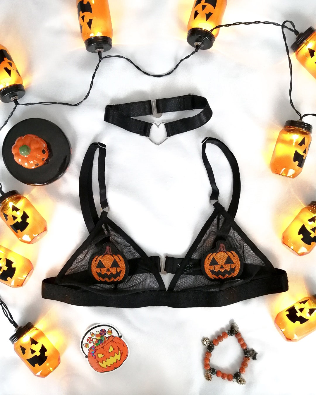 Pumpkin Halloween Bralette Jack O' Lantern Spooky Lingerie Sexy Goth ...