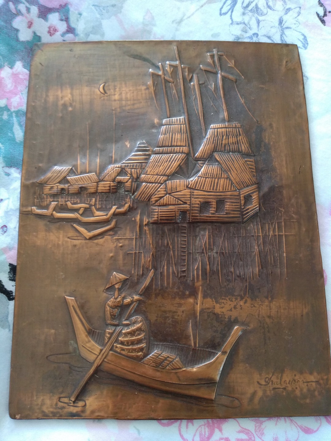 Vintage Copper Relief Art Repousse Wall Plaque Fisherman Chinese ...