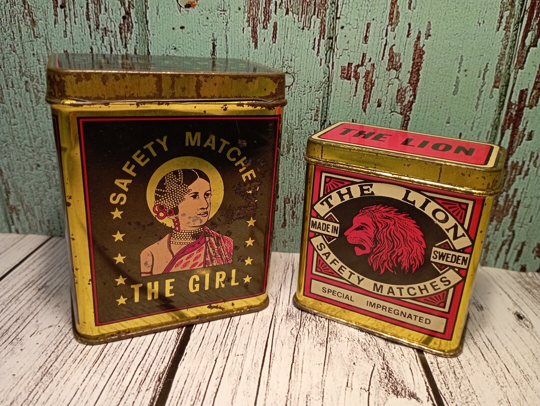 Antique Vintage Swedish Safety Matches Tin X2 the Girl the Lion Tobacco ...