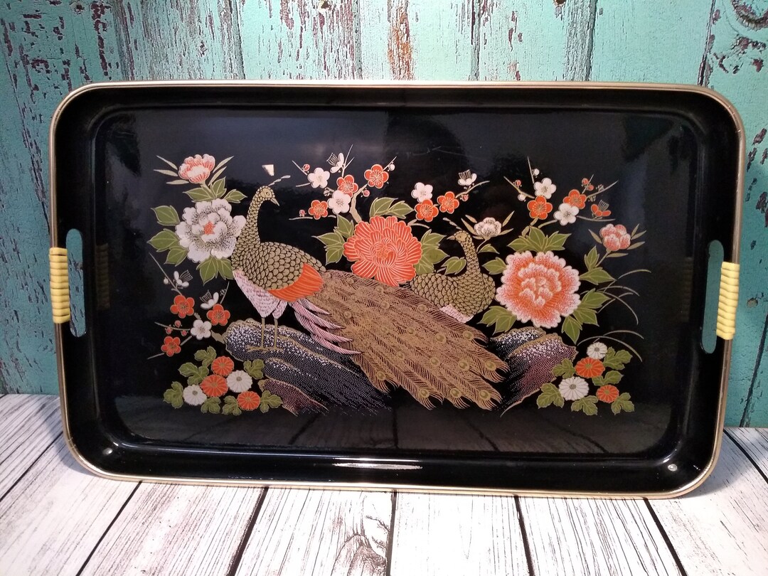 Japanese Lacquer Ware Tray Vintage 1970s Gold Trim Peacock & - Etsy