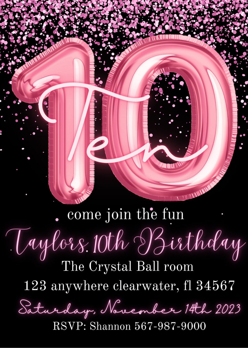 Editable Pink 10th Birthday Invitation Template, Glitter Birthday Party ...