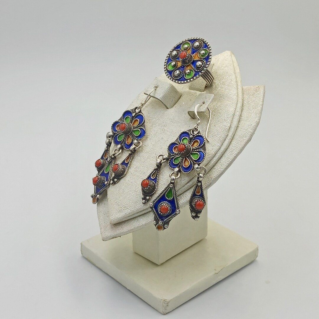 Berber Enamel Earrings and Ring, Berber Enamel, Berber Earrings, Berber ...