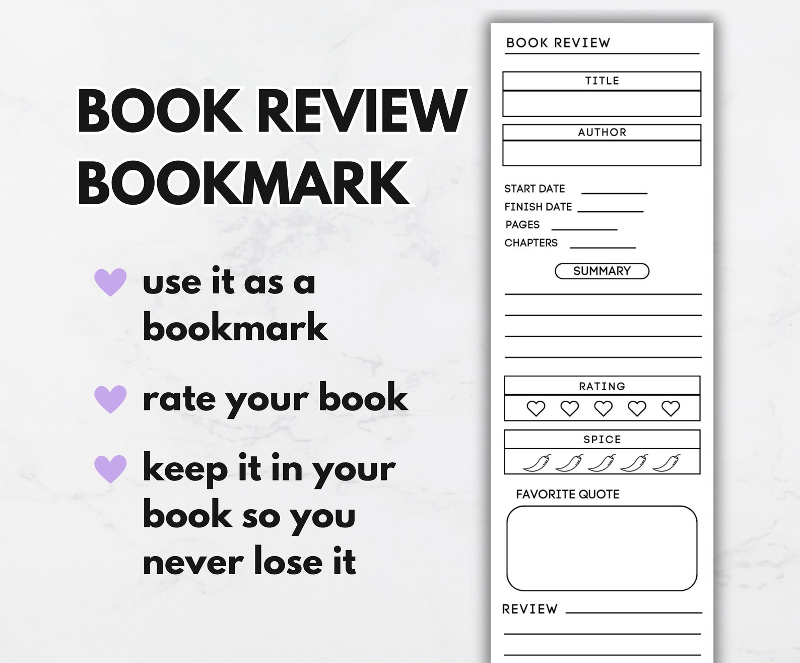 Printable Book Review Bookmark Bundle, Bookmark, Book Review, Booktok ...
