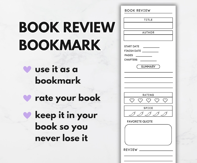 Printable Book Review Bookmark Bundle, Bookmark, Book Review, Booktok ...