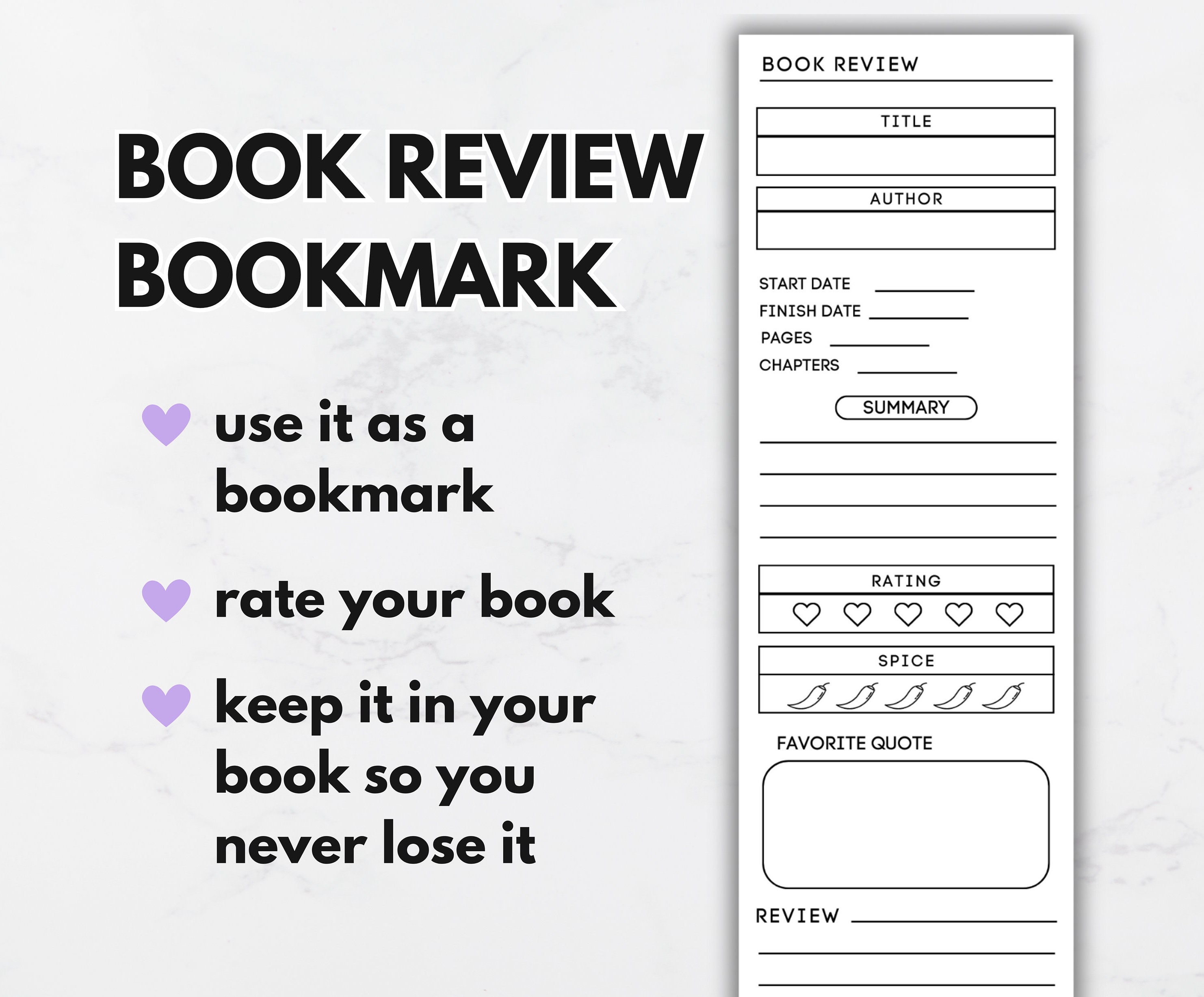 Printable Book Review Bookmark Bundle, Bookmark, Book Review, Booktok ...