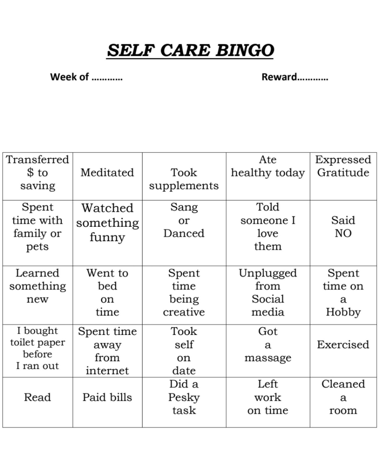 52 Different Self Care Bingo Cards for One Year of Self Care - Etsy