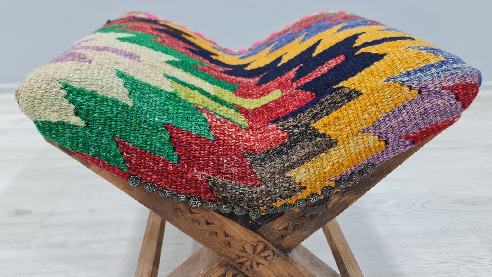 Wooden Stool, Rainbow Stool, Vintage Kilim Stool, Wooden Art ...