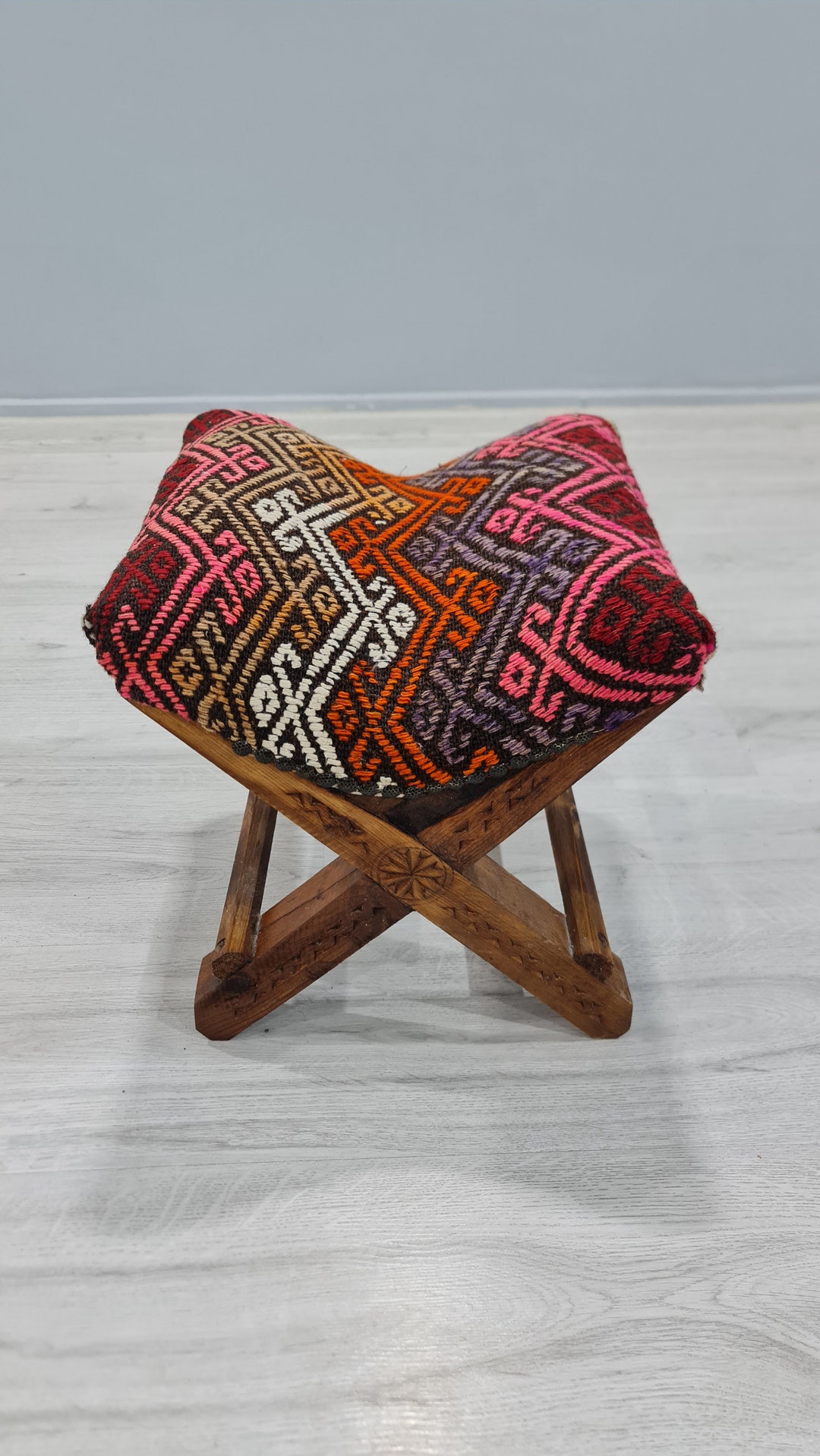 Vintage Stool, Kilim Seat, Kilim Rug Stool, Ottoman Stool, Upholstered ...
