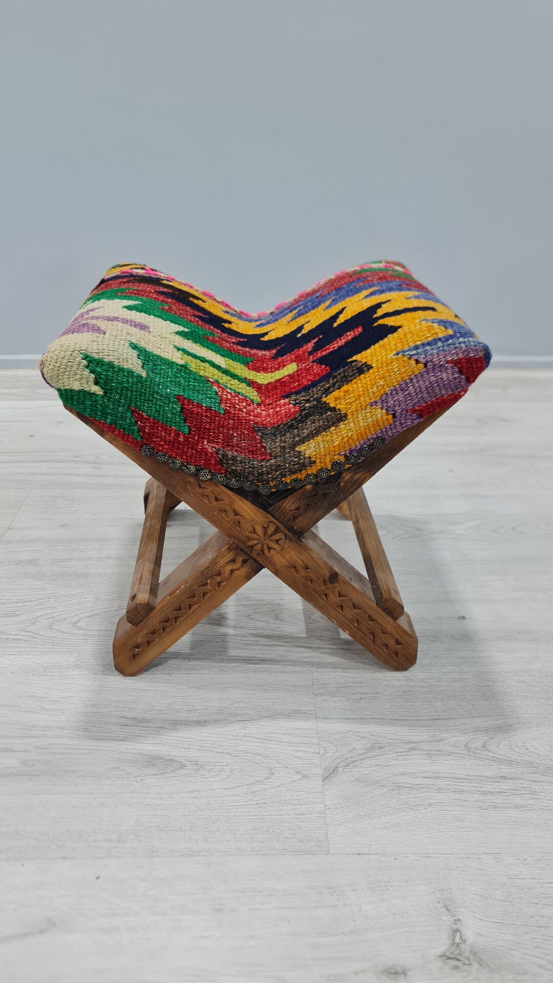 Wooden Stool, Rainbow Stool, Vintage Kilim Stool, Wooden Art ...