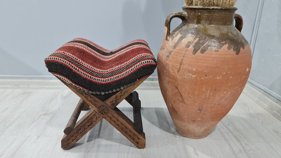 Turkish Wooden Stool, Kilim Stool, Baho Home, Tribal Home Decor ...