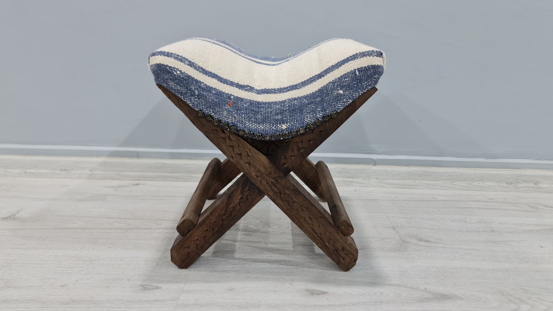 Solid Wood Kilim Covered Round Footstool, Pouf Ottoman ,rug Stool ...