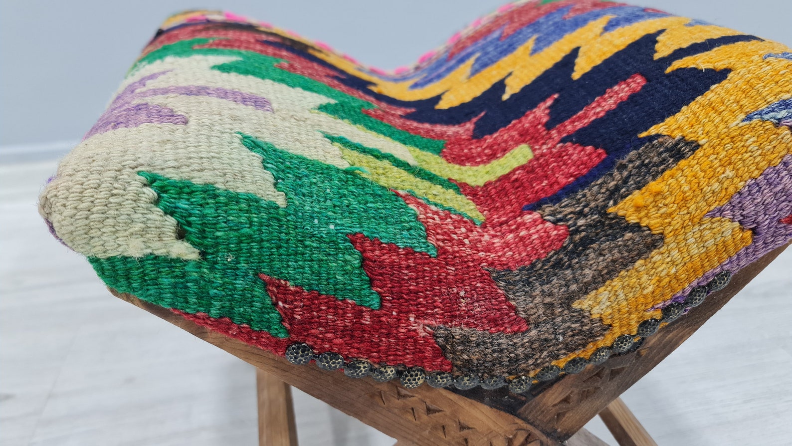 Wooden Stool, Rainbow Stool, Vintage Kilim Stool, Wooden Art ...