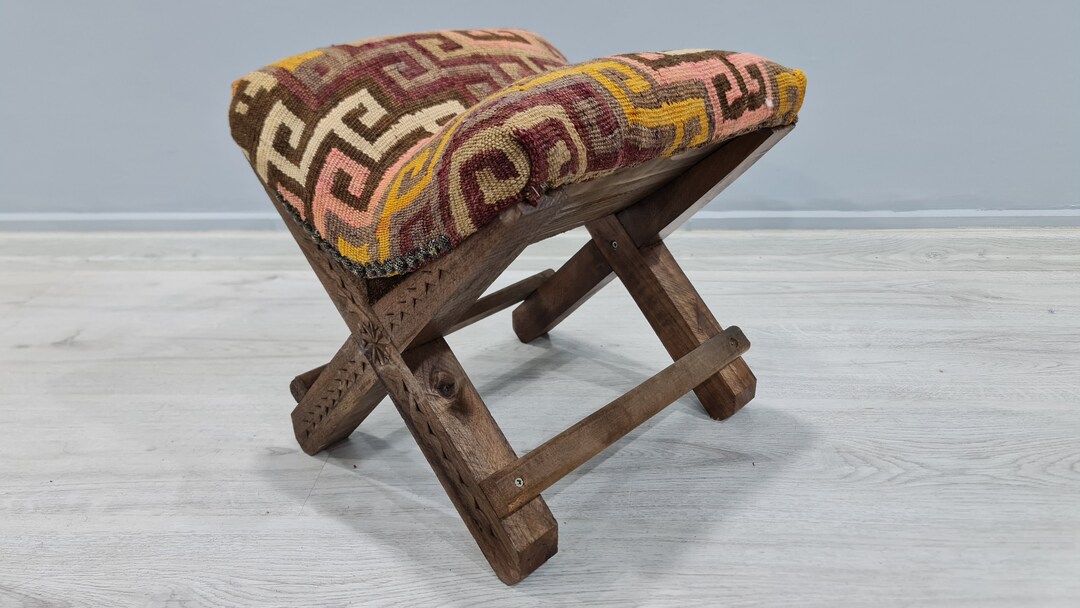 Vintage Stool, Tribal Stool, Kilim Ottoman Pouf, Stool, Primitive Decor ...