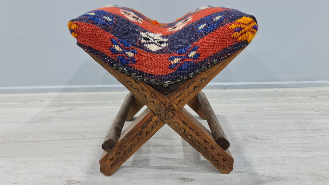 Solid Wood Kilim Covered Round Footstool,pouf Decor ,rug Stool, Wooden ...