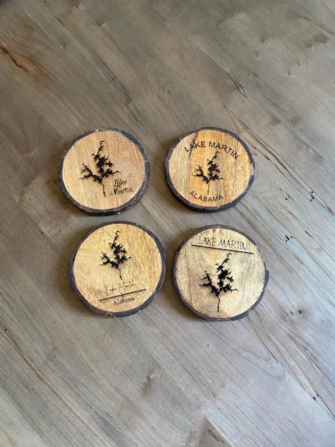 Custom Lake Map Wood Bark Coasters/lake Martin/rustic Lake Coasters ...