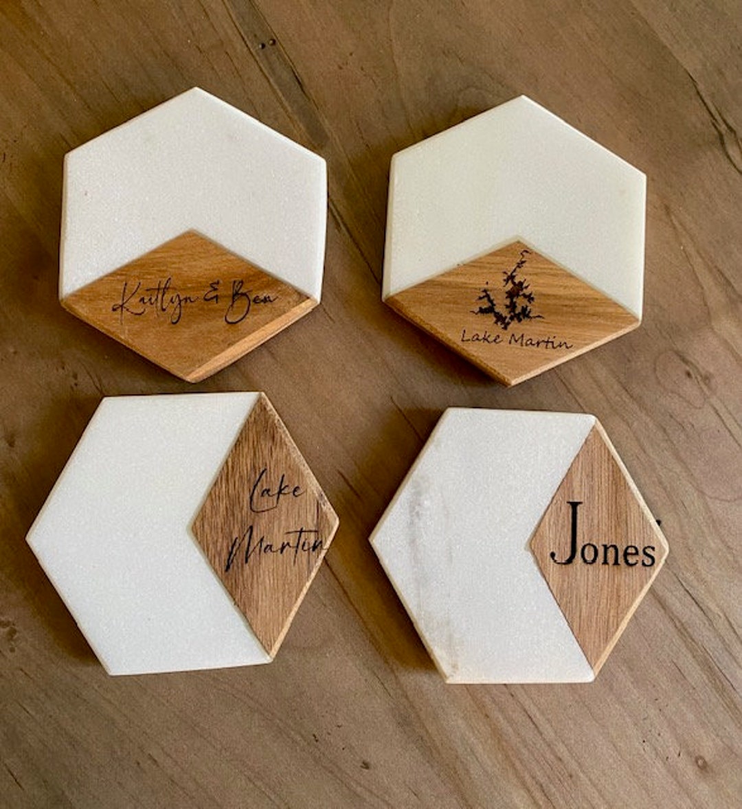 Personalized Custom Marble and Wood Coaster Set/housewarming Gift ...