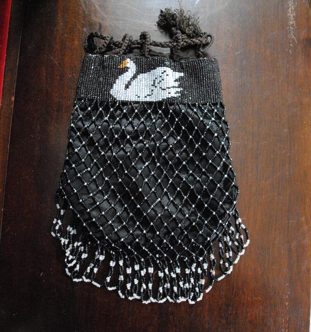 Antique Black & White Beaded Reticule With Swan Design - Etsy