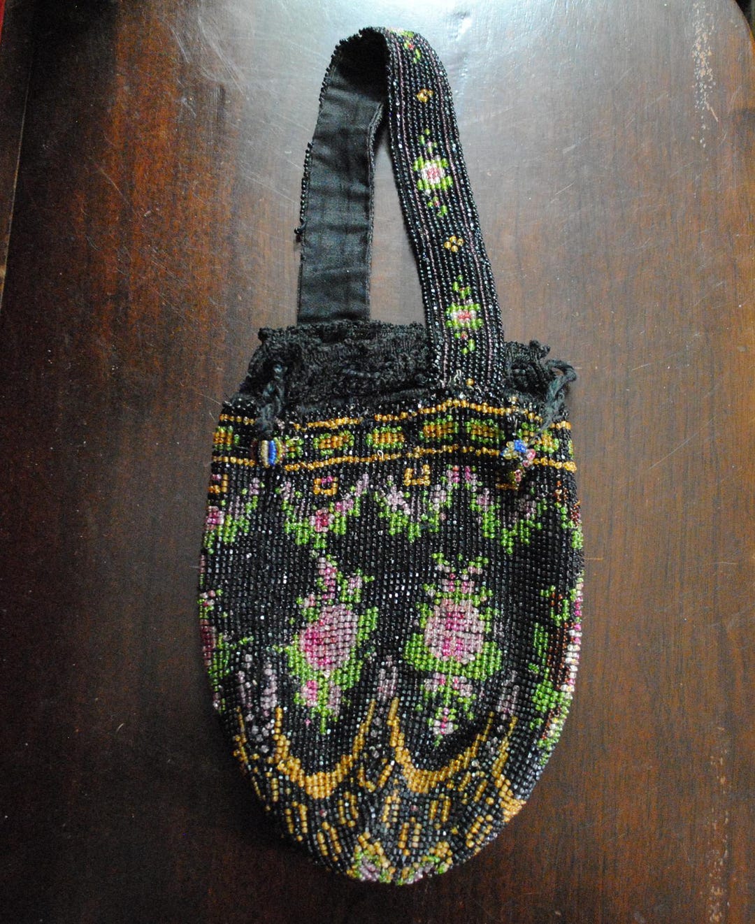 Antique Black Micro Beaded Victorian Style Floral Reticule With Strap ...