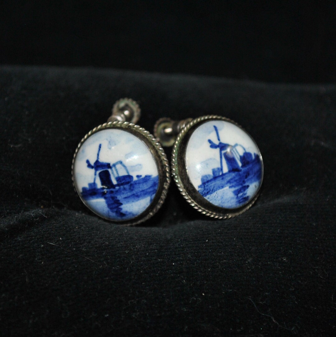 Vintage Dutch Delft Porcelain Windmill 835 Silver Screw-back Earrings ...