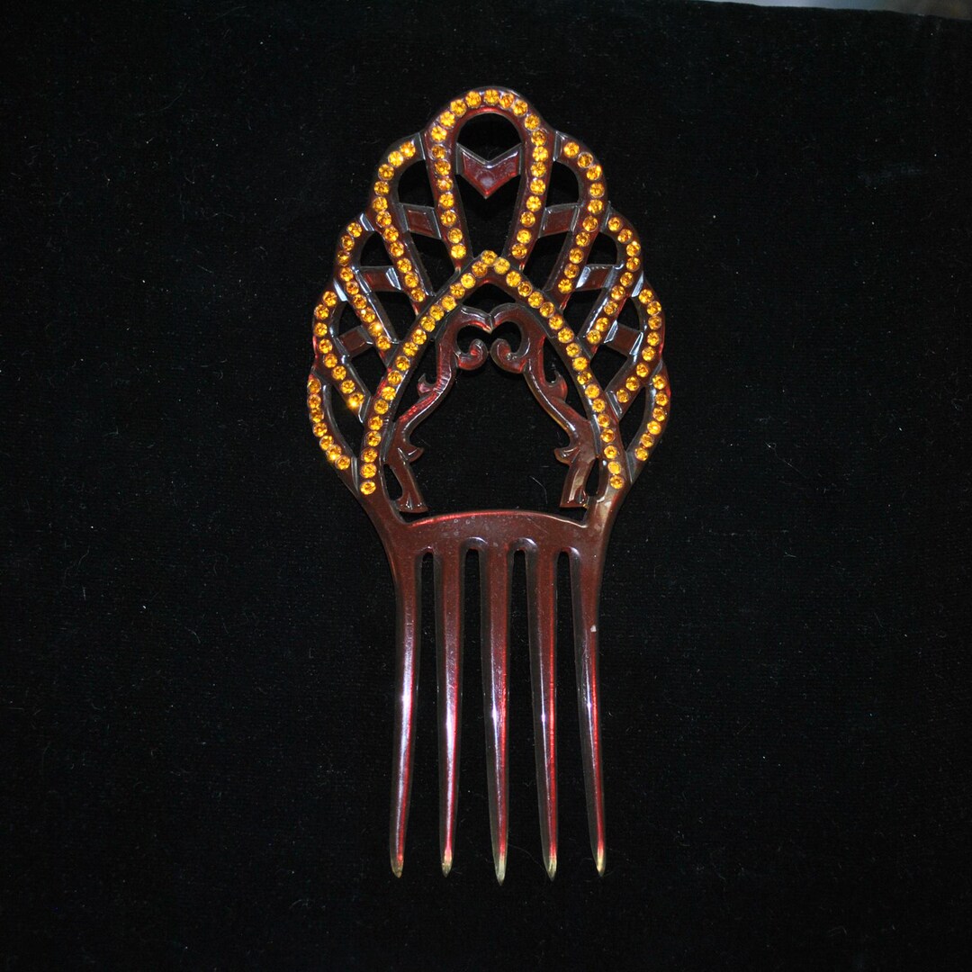 Antique Light Red Celluloid & Amber Rhinestone Hair Comb - Etsy