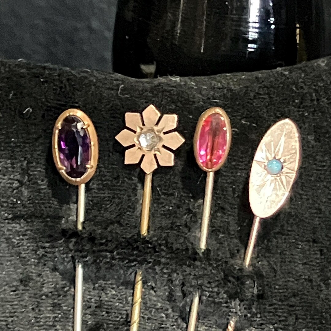 Buyer Picks! Antique Stick Pins Amethyst Glass, Brass Flower, Pink ...