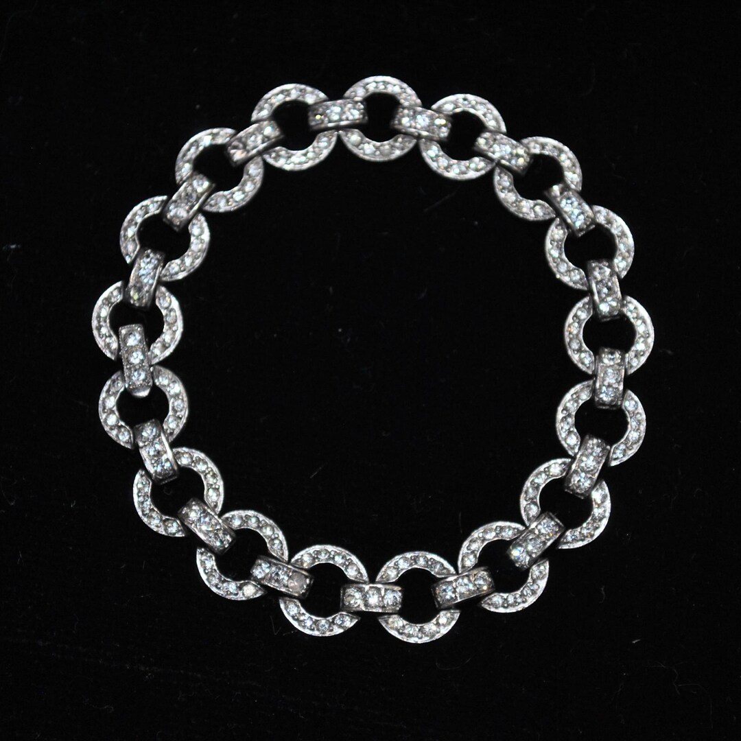 Vintage Circular Link Crown Trifari Sterling Silver Rhinestone Bracelet ...