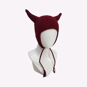 Dark Red Devil Horn Hat, Beanie With Horn Crochet, Custom Colors, Horn ...