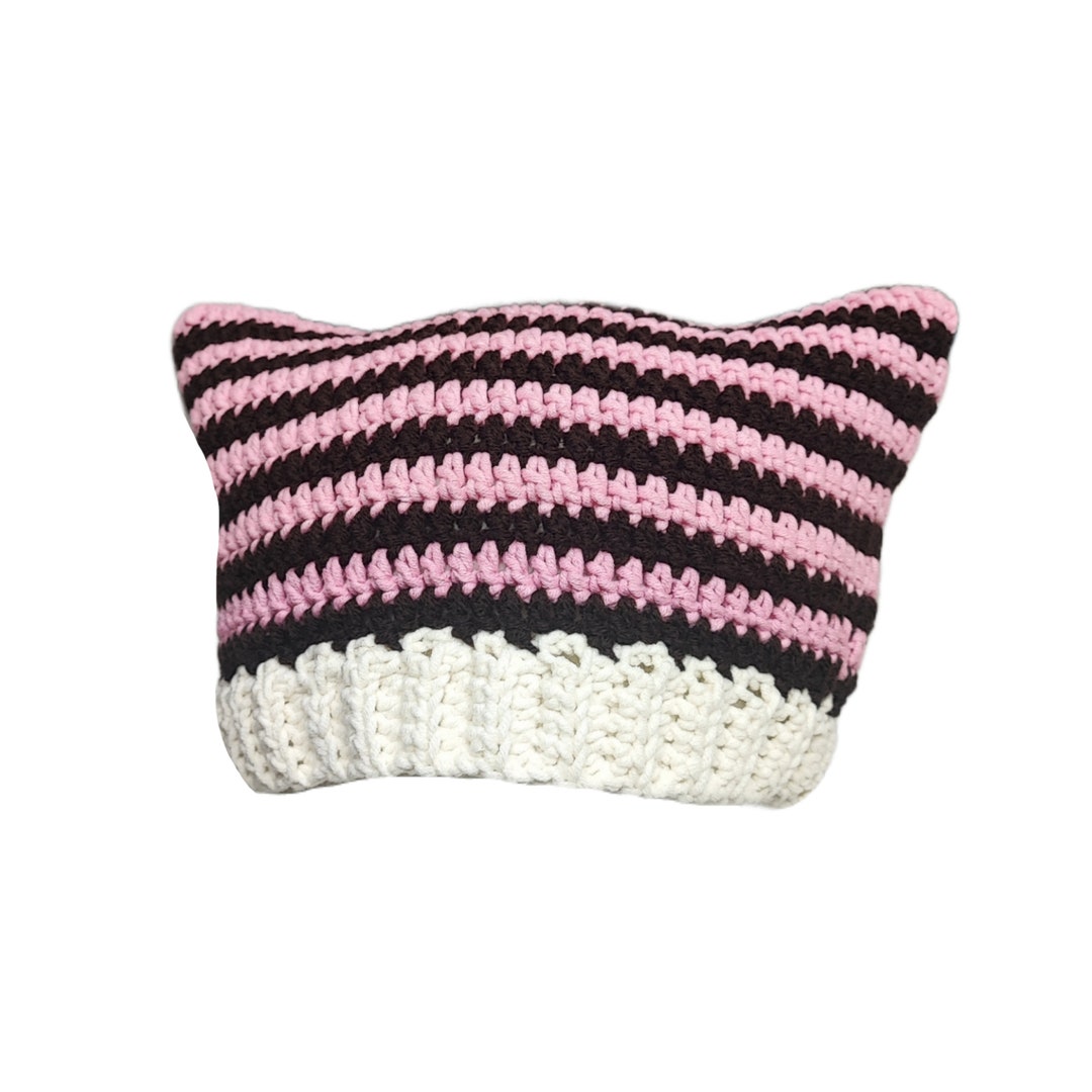 Pink & Dark Brown Striped Cat Beanie With White Ribbing, Cat Beanie ...