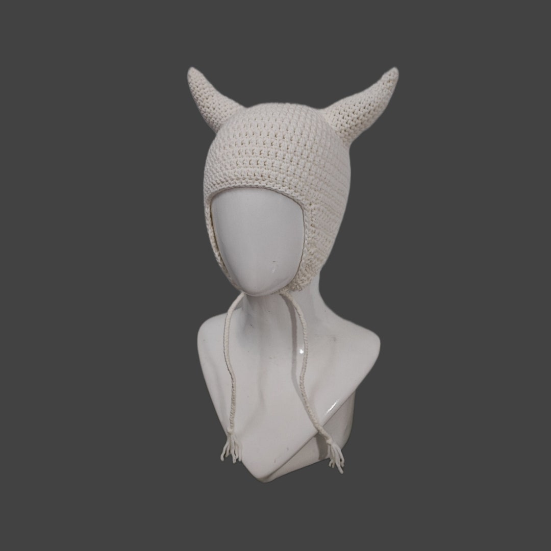 White Horn Hat Crochet, Devil Horn Beanie Custom Colors, Crochet Horn ...