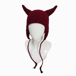 Dark Red Devil Horn Hat Beanie With Horn Crochet Custom - Etsy