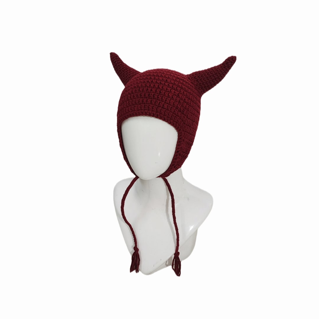 Dark Red Devil Horn Hat Beanie With Horn Crochet Custom - Etsy