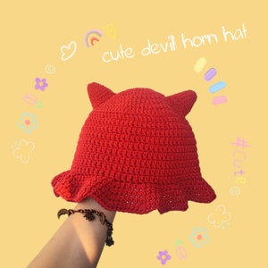 Cute Devil Horn Bucket Hat, Cotton Summer Hat Crochet, Custom Bucket ...