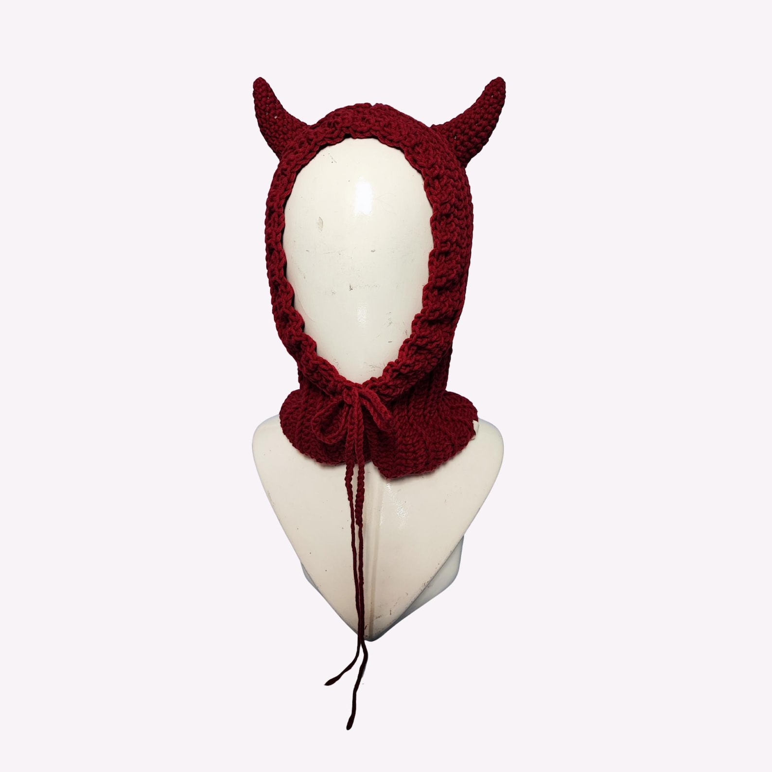 Dark Red Hood With Horns, Devil Horn Hood Crochet, Balaclava With Horns ...