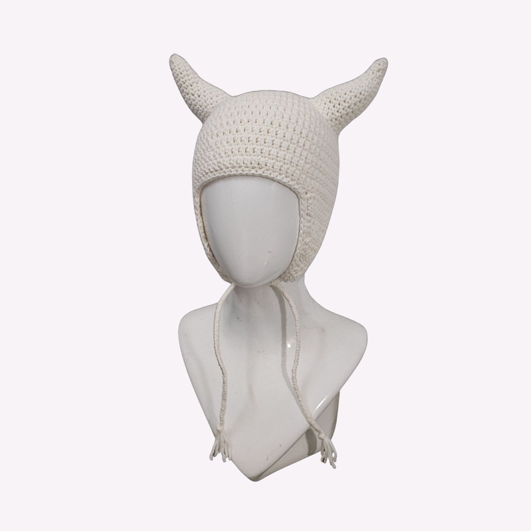 White Horn Hat Crochet, Devil Horn Beanie Custom Colors, Crochet Horn ...