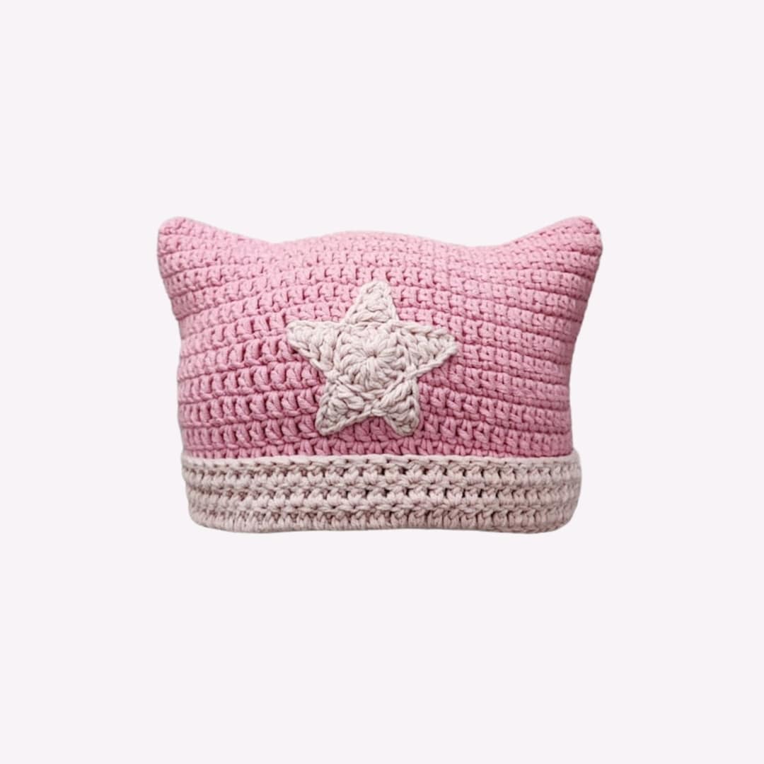 Pink Star Cat Beanie, Cute Cat Ear Beanie Crocher, Crochet Cat Hat ...