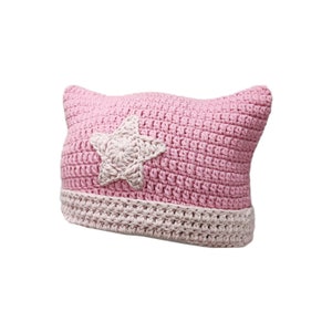 Pink Star Cat Beanie, Cute Cat Ear Beanie Crocher, Crochet Cat Hat ...